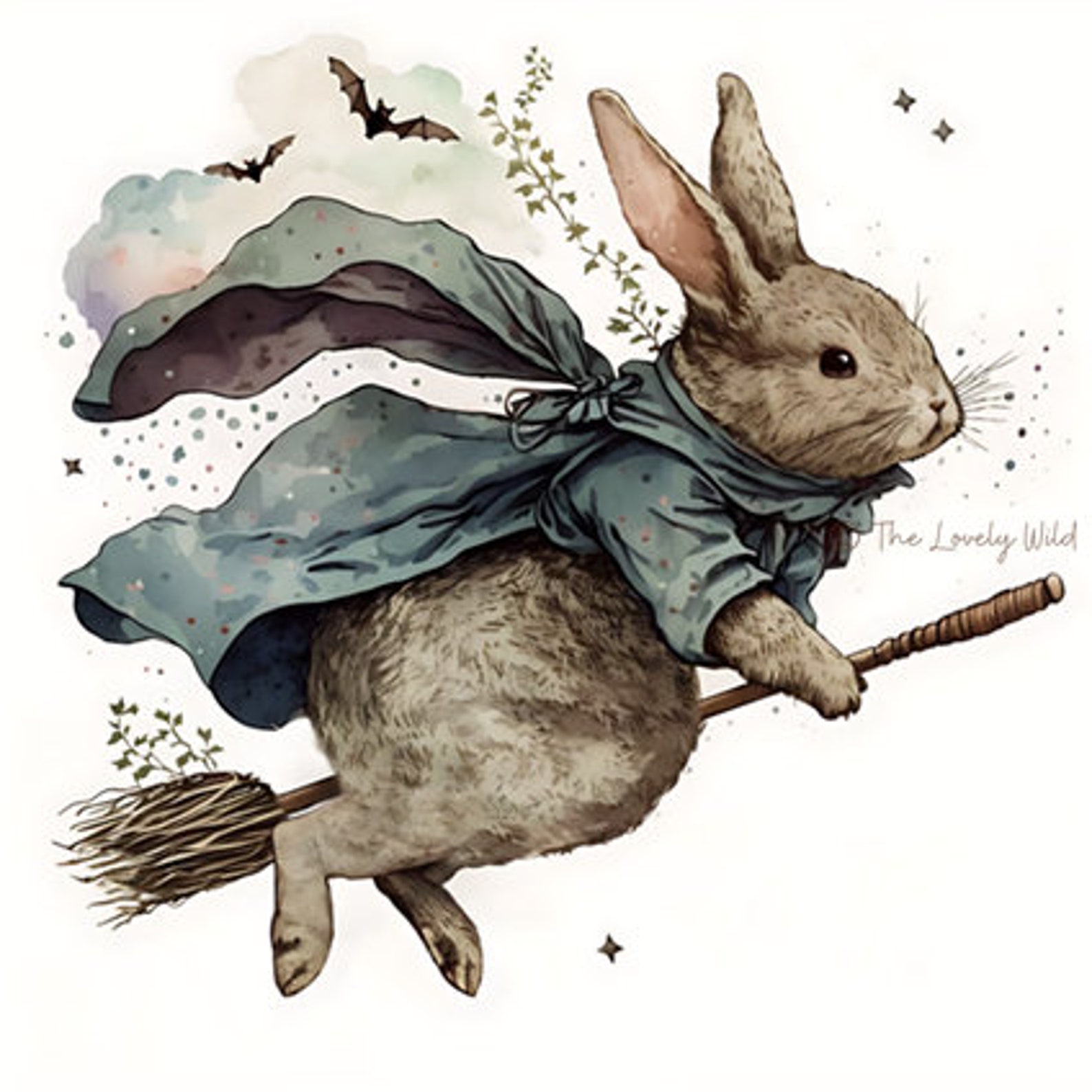 Bunny Rabbit Witch on a Broomstick Wall Art Whimsical - Etsy