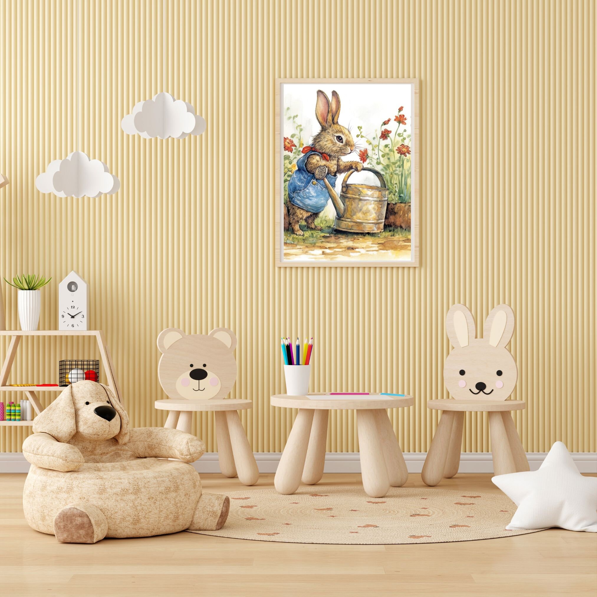 Bunny Rabbit Watering the Garden Wall Art, Softness Nursery Art Prints ...