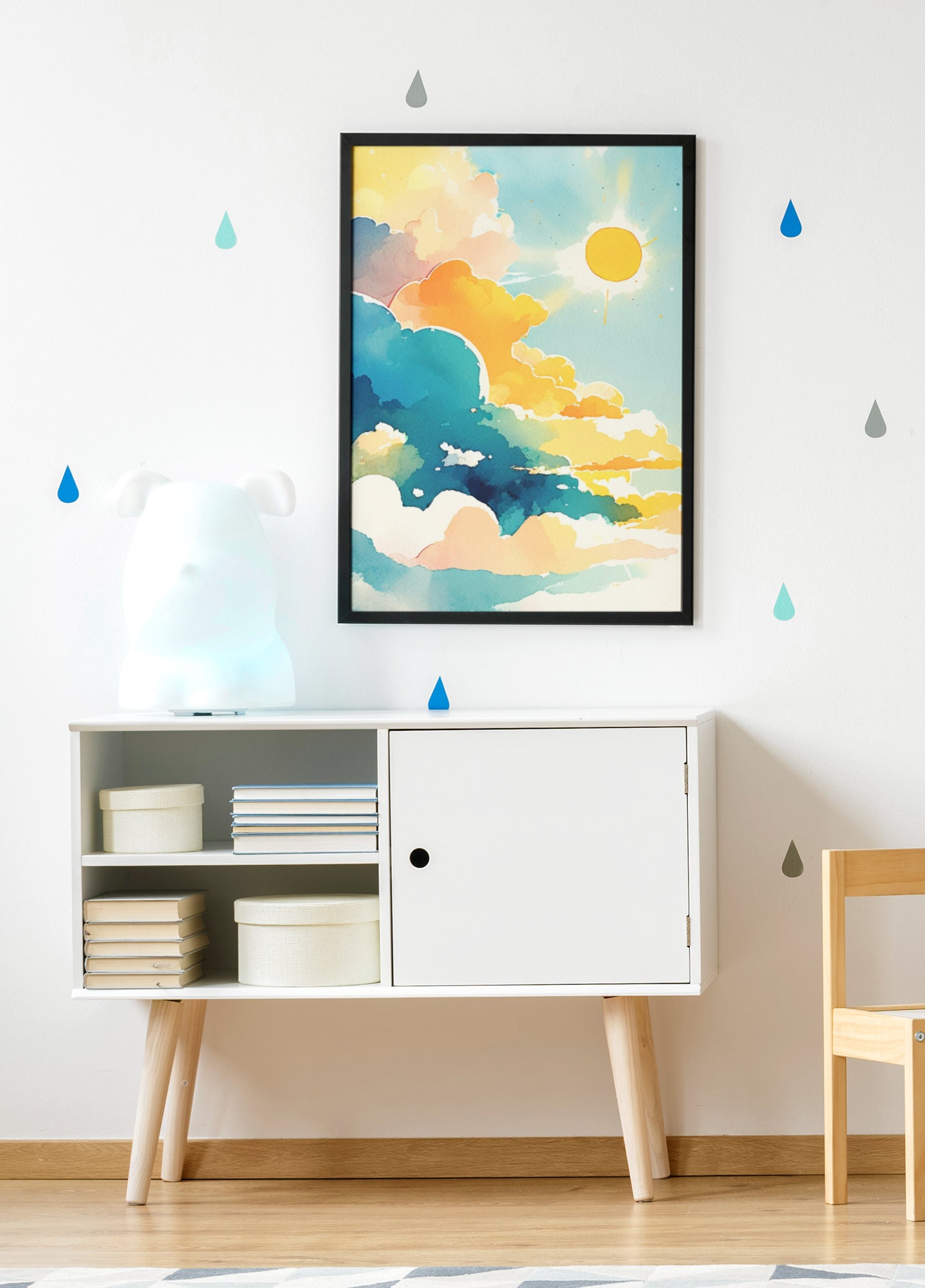 Watercolor Sunny Sky Decor, Summer Sunshine Day Wall Art, Clouds on a ...