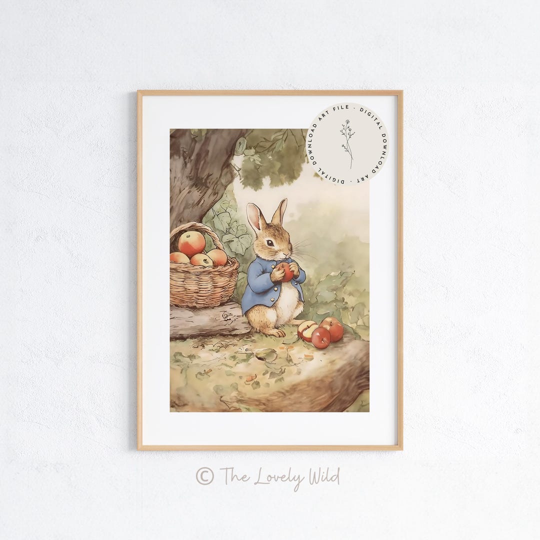Bunny Rabbit Picking Apples Art Print, Softness Wall Printable ...