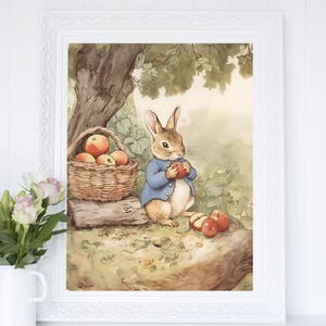 Bunny Rabbit Picking Apples Art Print, Softness Wall Printable ...