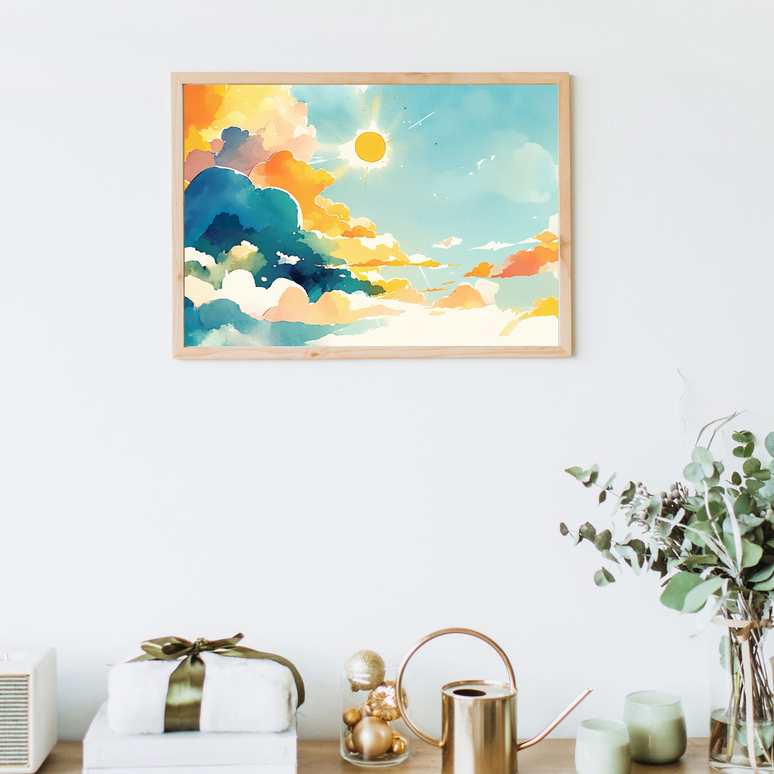 Watercolor Sunny Sky Decor, Summer Sunshine Day Wall Art, Clouds on a ...