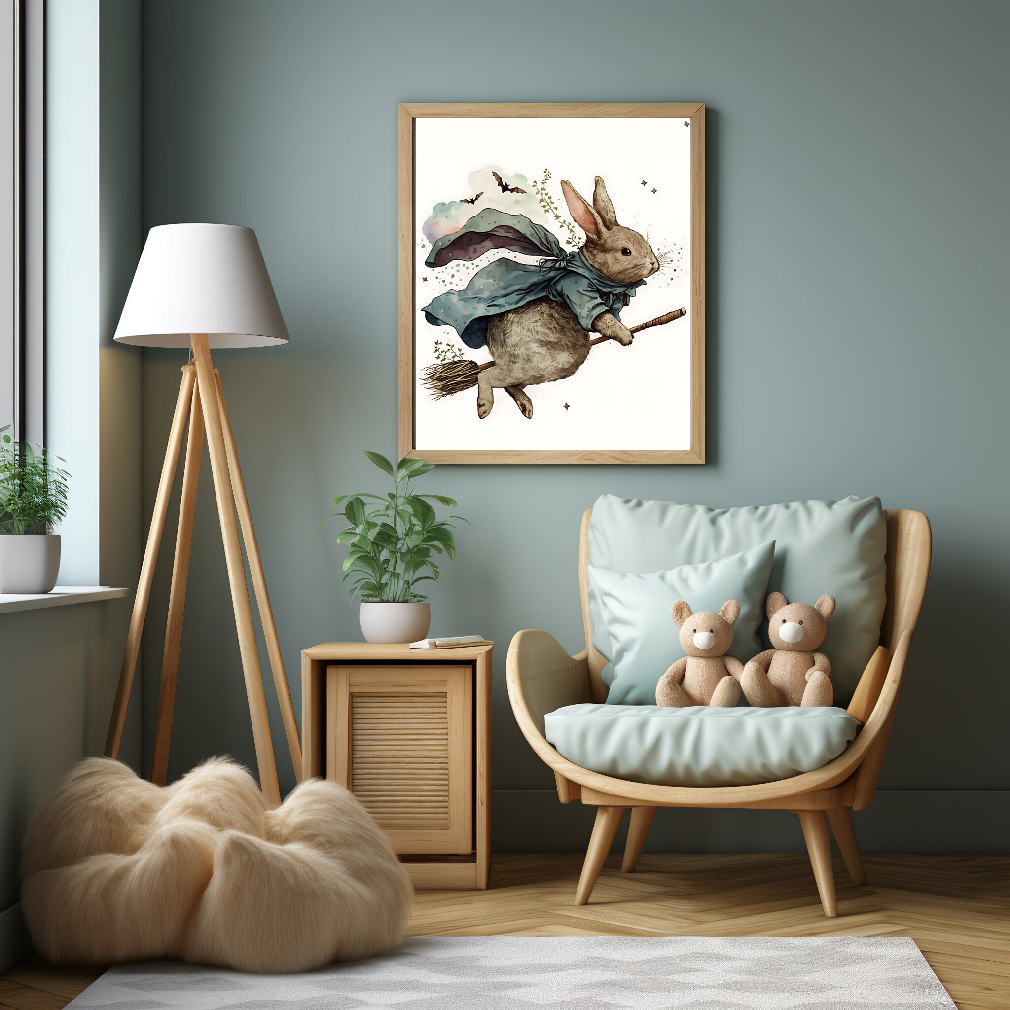 Bunny Rabbit Witch on a Broomstick Wall Art Whimsical - Etsy