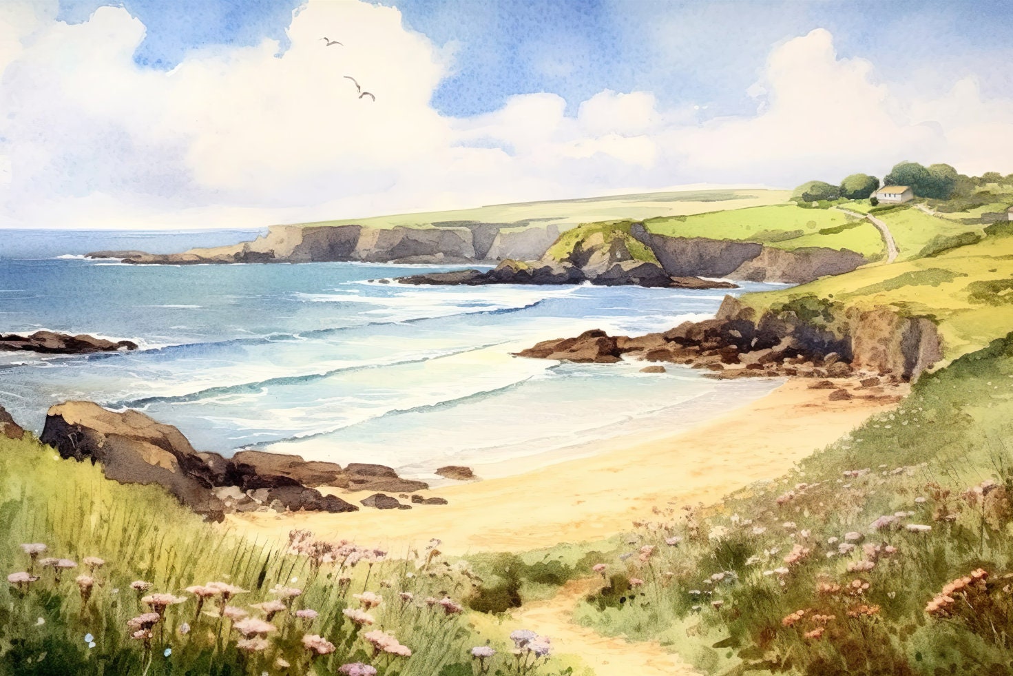 Cornwall Beach View Wall Art Cornish Coastline Watercolor - Etsy