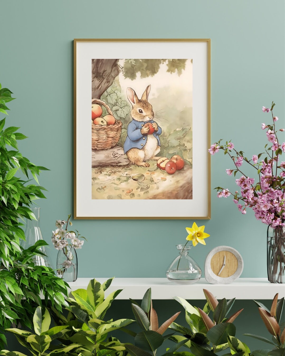 Bunny Rabbit Picking Apples Art Print, Softness Wall Printable ...