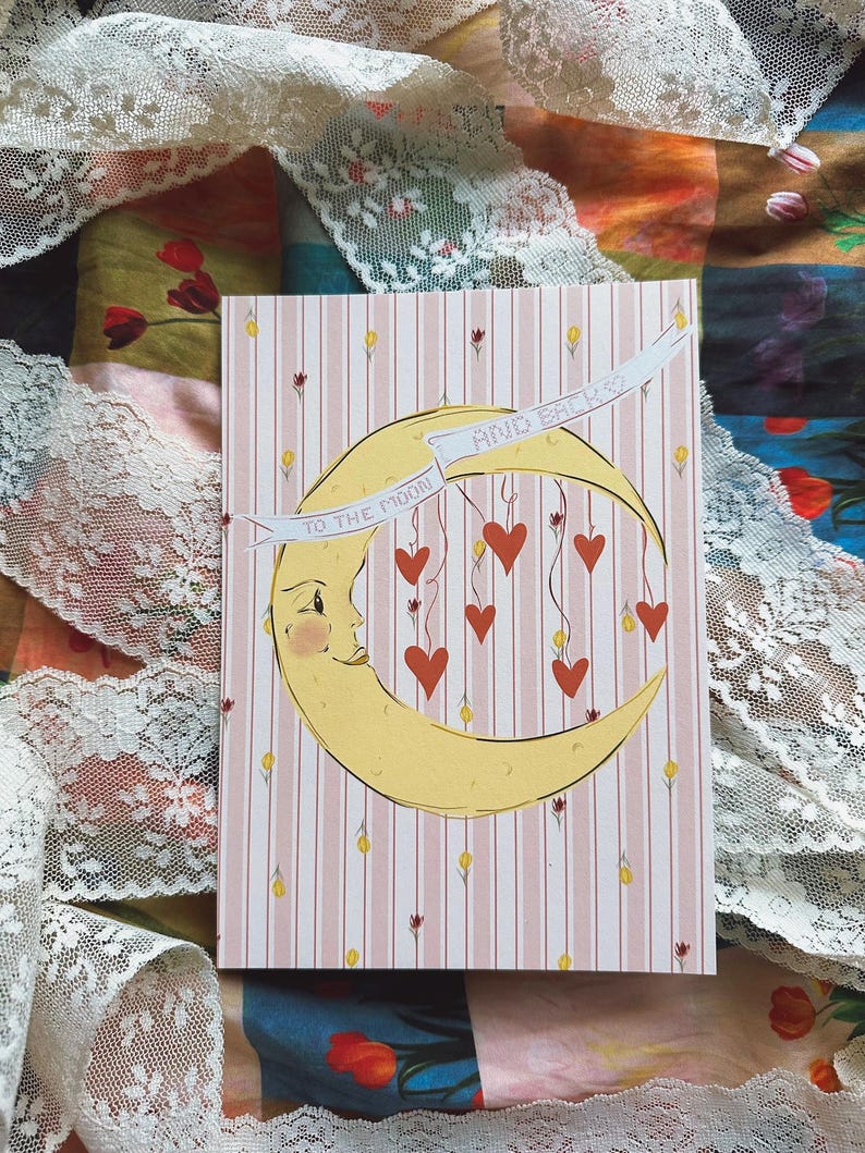 Valentines Day Moon Art Print • Pastel Love Card (5x7" With Envelope ...