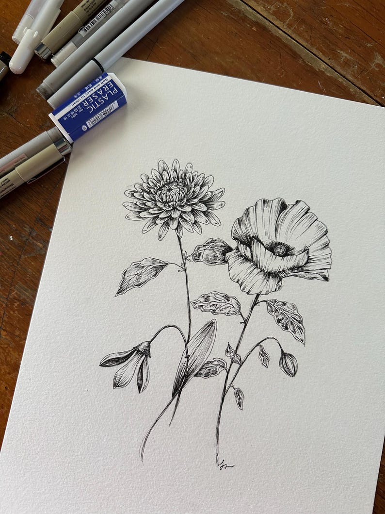 Custom Pen & Ink Birth Flower – Personalized Floral Bouquet, Custom ...