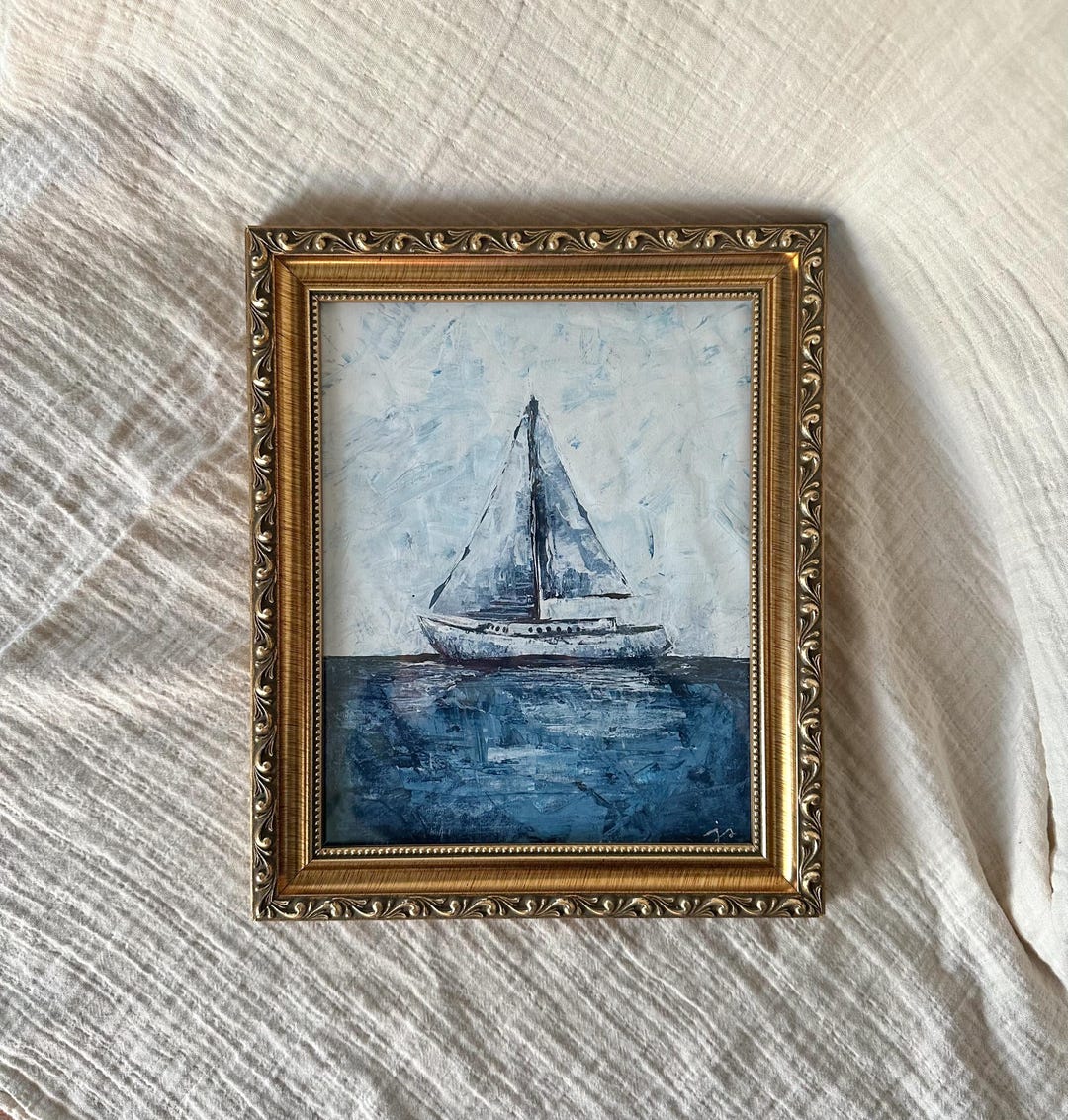 Blue Sailboat - Original Palette Knife, Rectangle Frame Included ...
