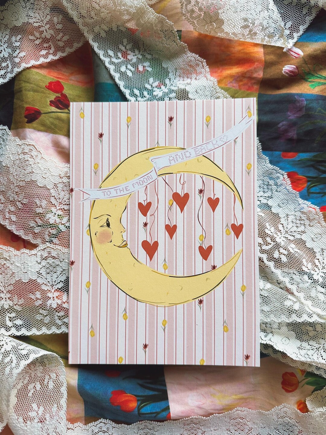 Valentines Day Moon Art Print • Pastel Love Card (5x7" With Envelope ...
