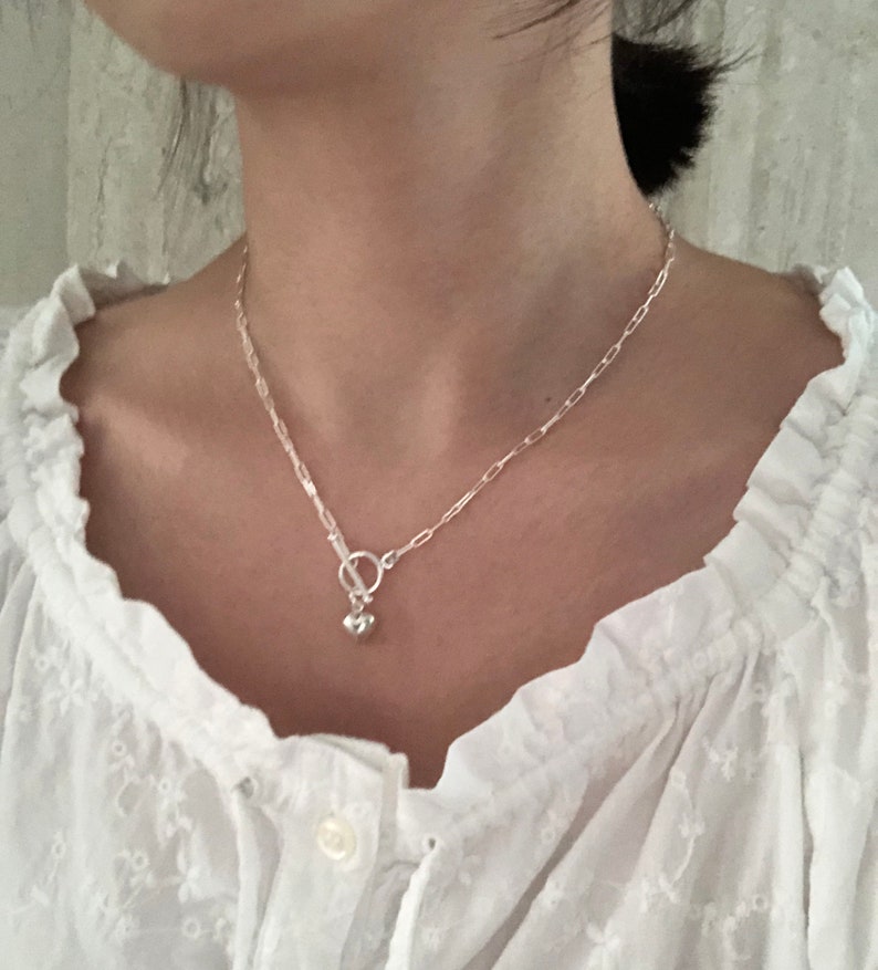 Square Link Chain Necklace Heart Charm Necklace 925 Sterling | Etsy