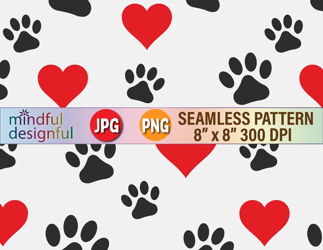 Paw Print Digital Paper | Dog Paw Print | Dog Paw and Heart Seamless ...