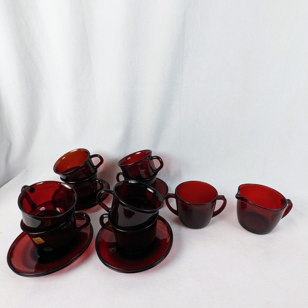 Set 8 Ruby Red Cup and Saucer Sugar and Creamer 18 Pieces All Together ...