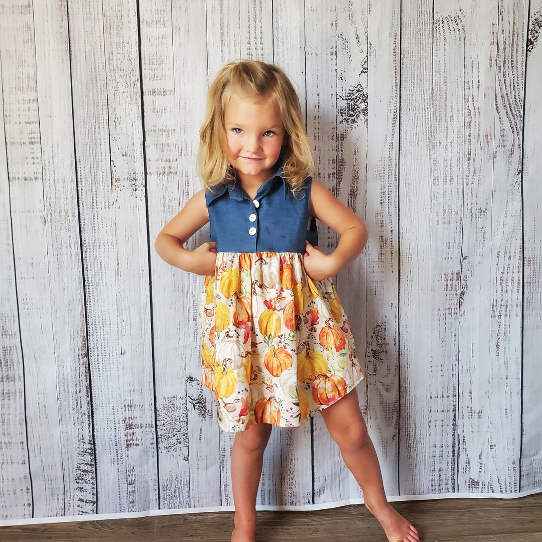 Little Girl Fall Dress, Denim Pumpkin Dress, Toddler Fall Dress, Fall
