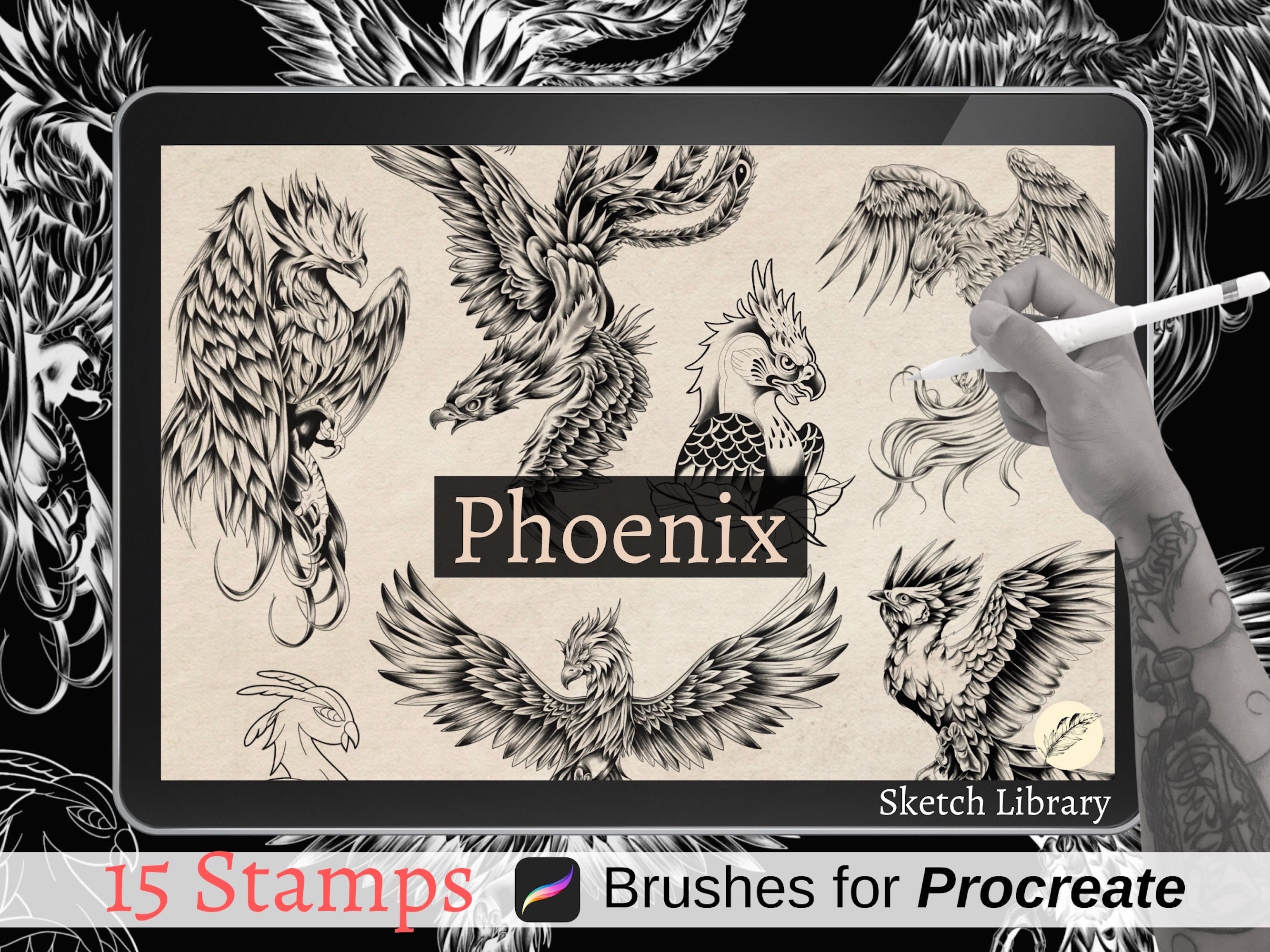 15 Phoenix Tattoo Stamps // Brushes for Procreate, Outline Drawing for ...