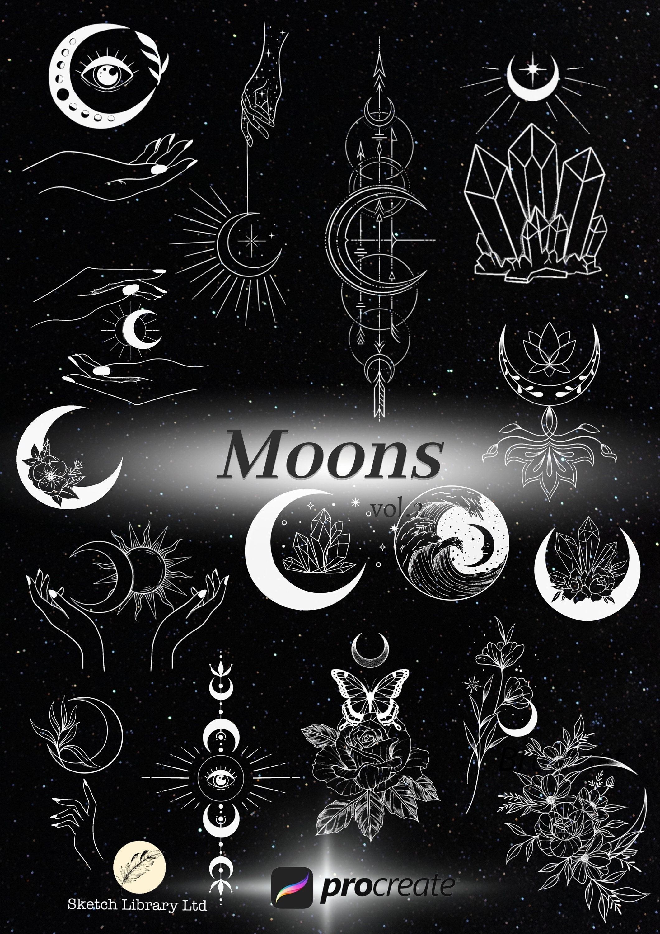 62 Moons Brush Set for Procreate, Tattoo Stamps, Snake, Peony ...