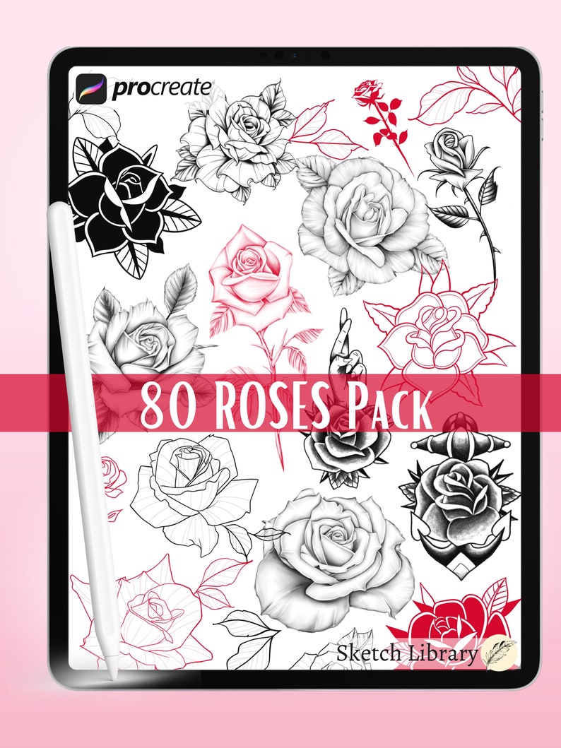 80 Roses Brush Pack and 32 Leaves Brushes Stamps for Procreate, Tattoo ...
