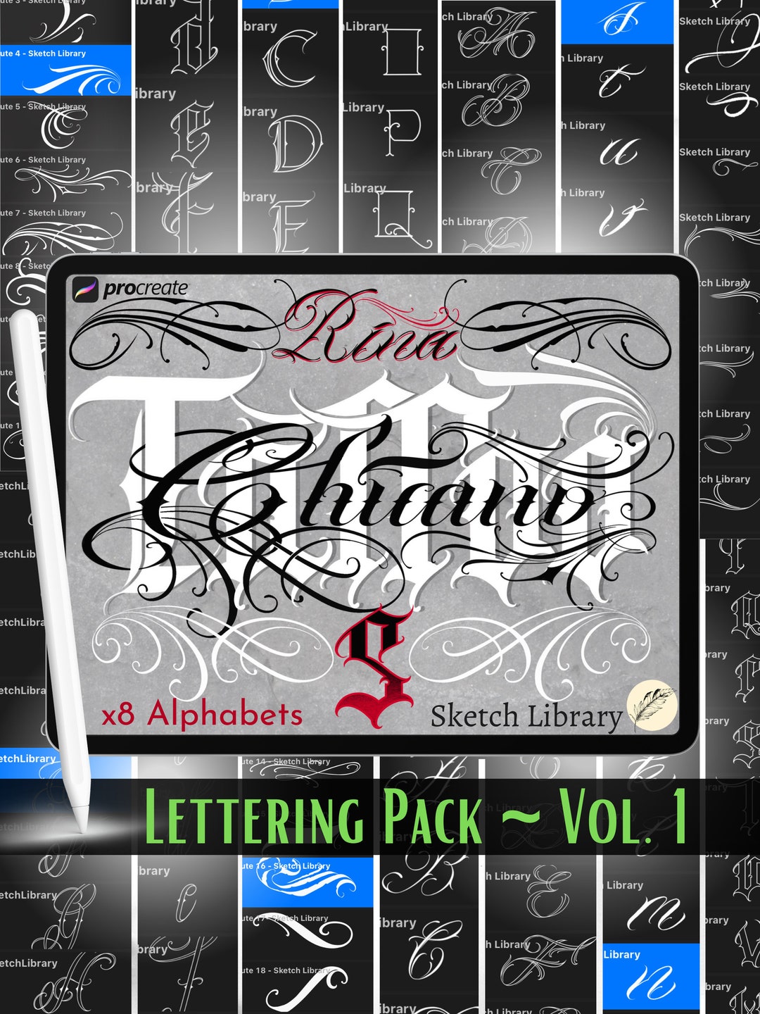 Lettering Pack Vol.1, 208 Letters / 8 Chicano Alphabets Pack, Fonts ...
