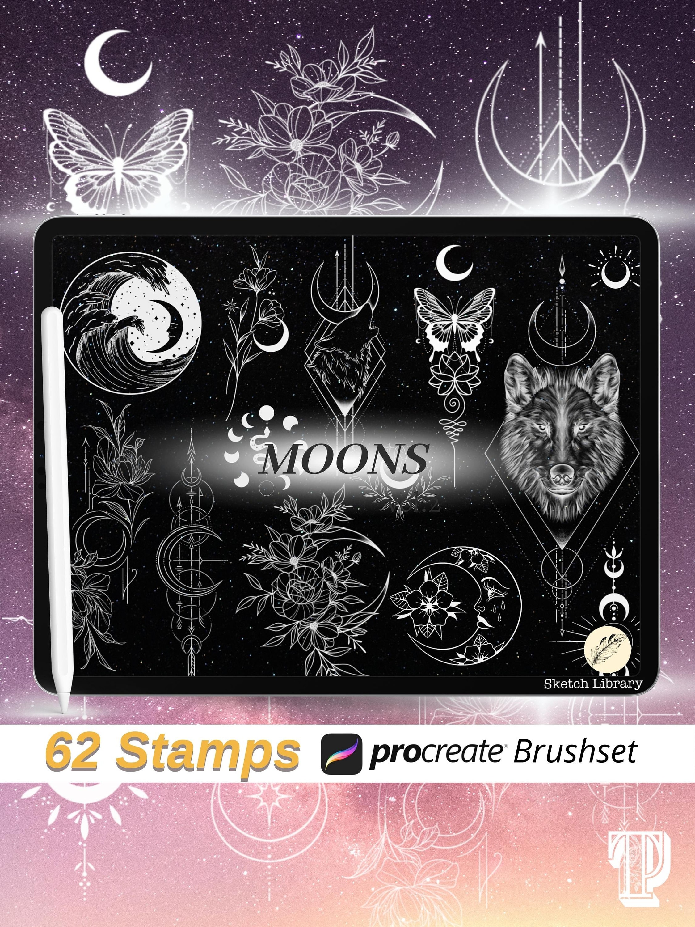 62 Moons Brush Set for Procreate, Tattoo Stamps, Snake, Peony ...