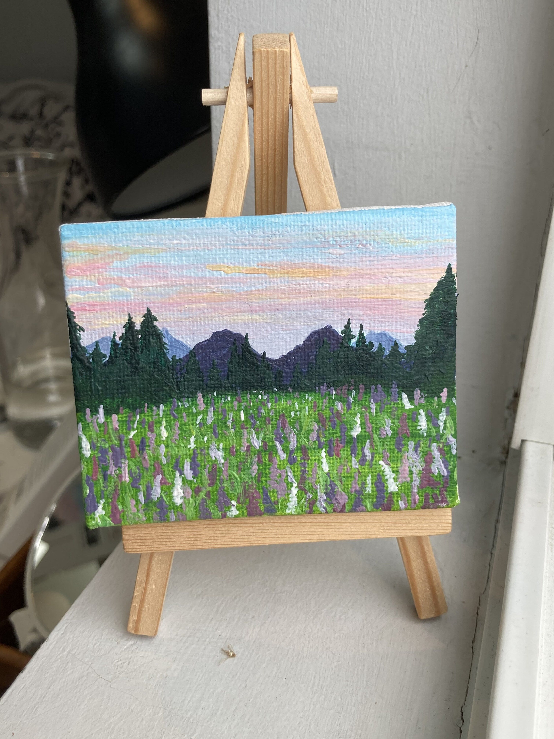 Tiny Painting Flowers and Mountain Range at Sunset, Handpainted on ...
