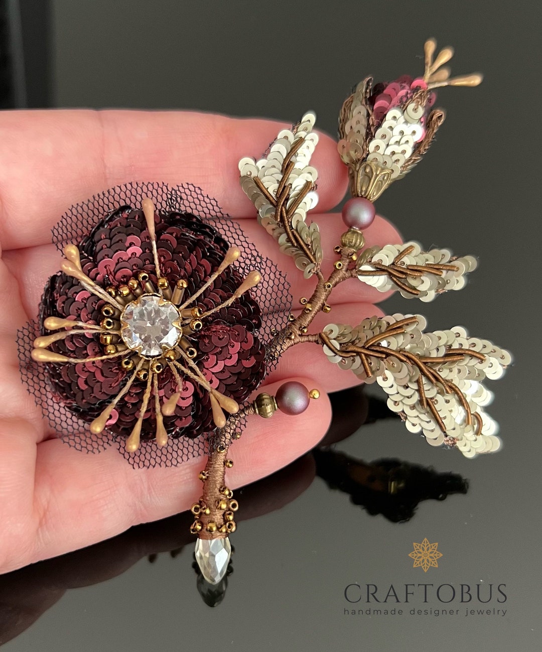 Blooming Twig Brooch Handmade, Flower Beaded Brooch, Floral Boho Jewelry, Beads Embroidered ...