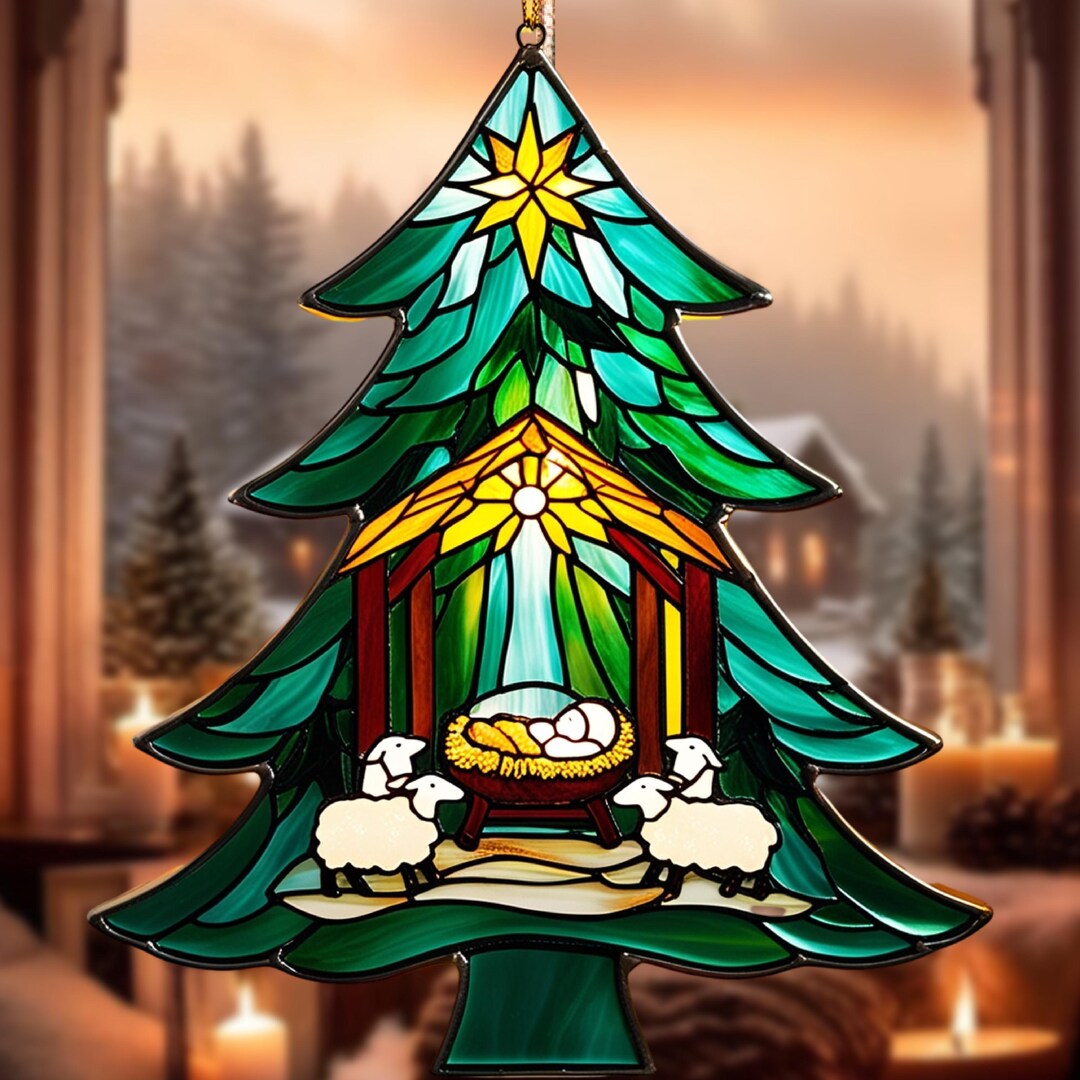 Nativity Scene Suncatcher, Faux Stained Acrylic Christian Window ...