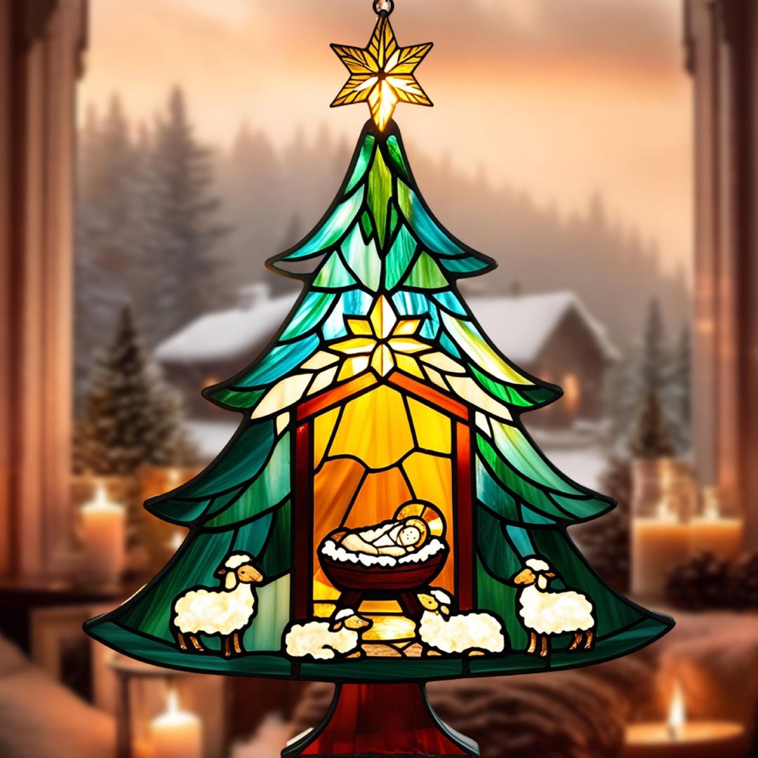 Nativity Scene Suncatcher, Faux Stained Acrylic Christian Window ...