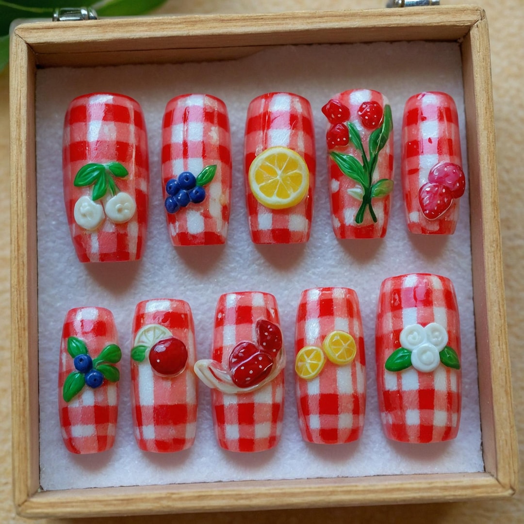 Gingham Picnic Press-on Nails | 3D Fruit & Floral Nail Art | Cherry ...