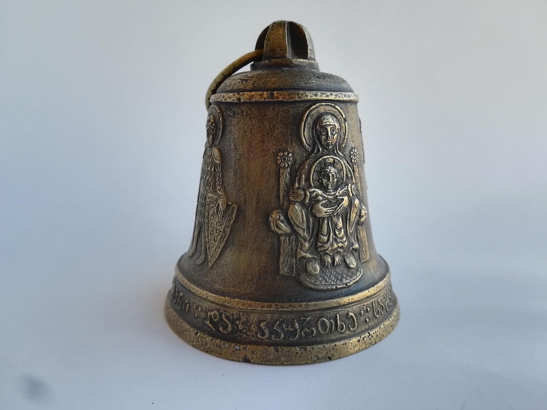 Engraved Bronze Bell: Religious Icon Decor, Georgian Inscription - Etsy