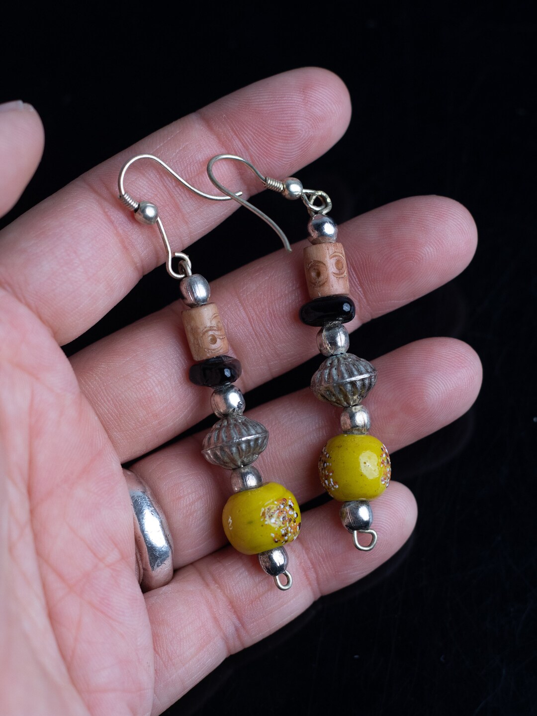 Vintage Silver Earrings With Nepal Glass Beads and Yak Bone Handmade ...