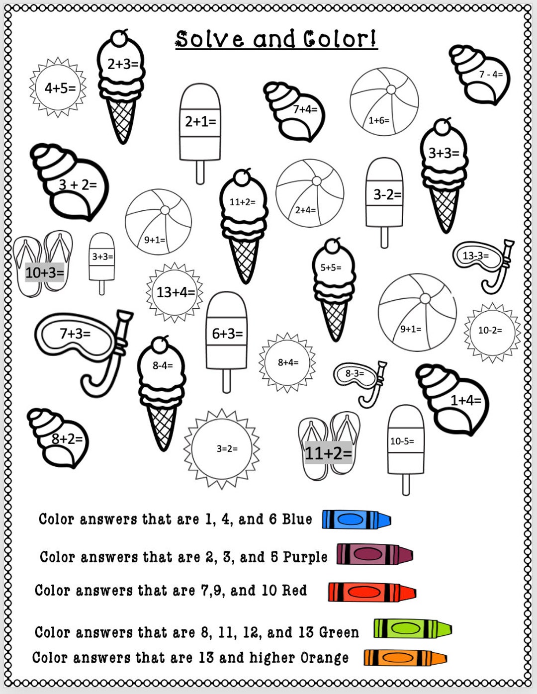 Prek-k Addition/ Subtraction up to 20 Summer Color Activity - Etsy