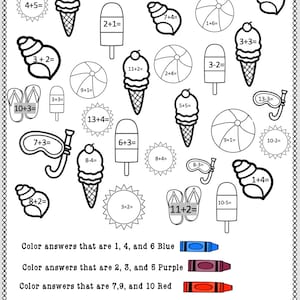 Prek-k Addition/ Subtraction up to 20 Summer Color Activity - Etsy