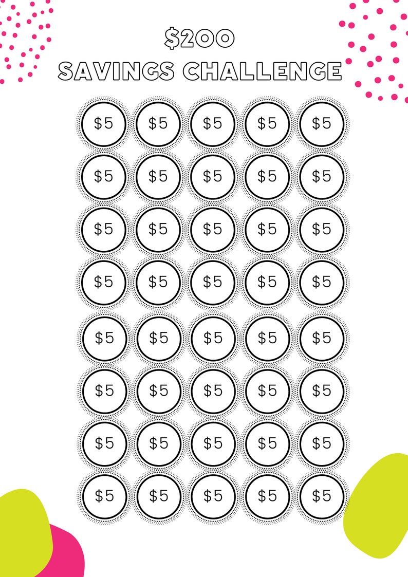 200 Dollar Savings Challenge Printable, Money Saving Tracker (PDF) - Etsy