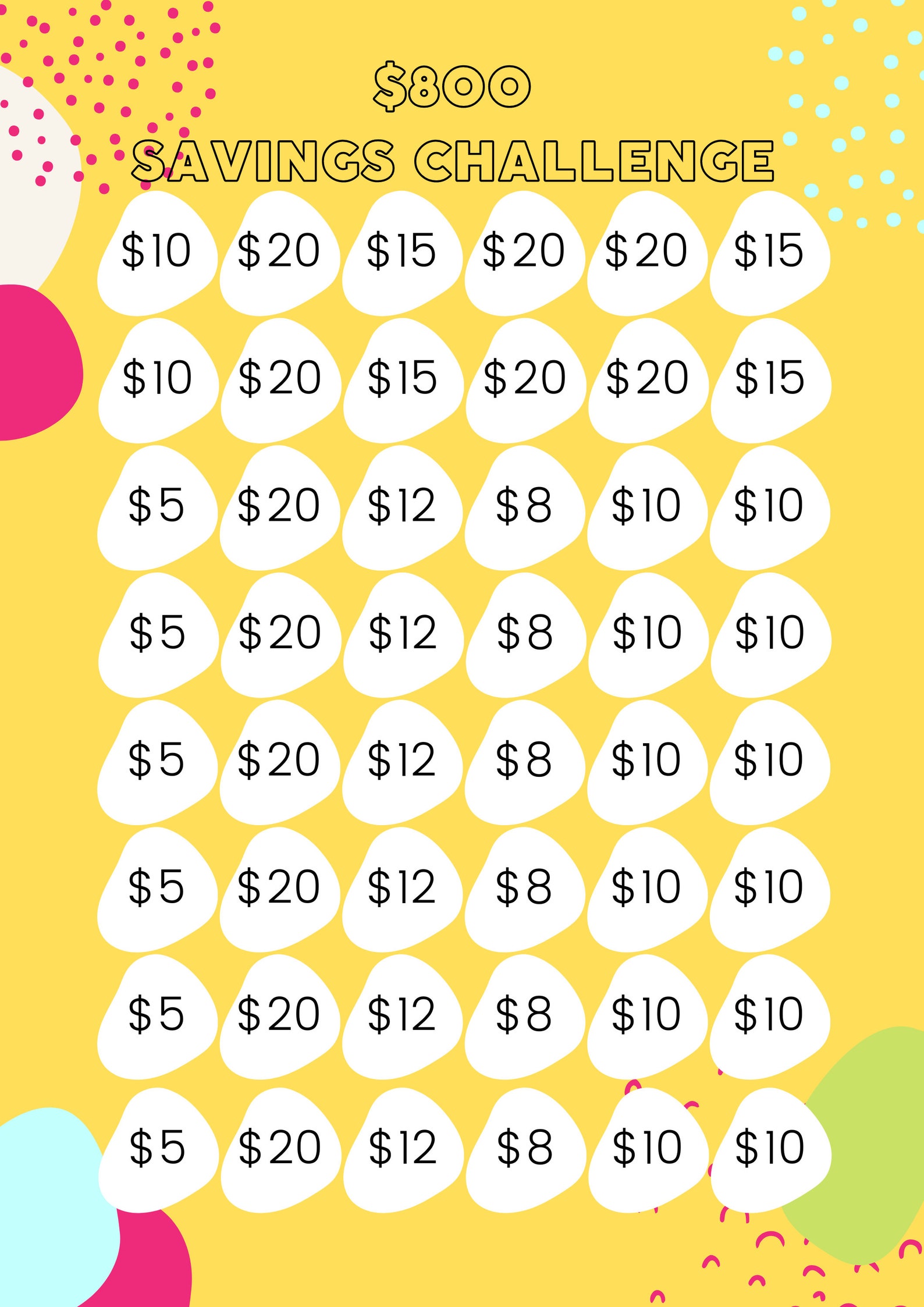 Yellow Money Saving Challenge Printable Save 800 Savings | Etsy