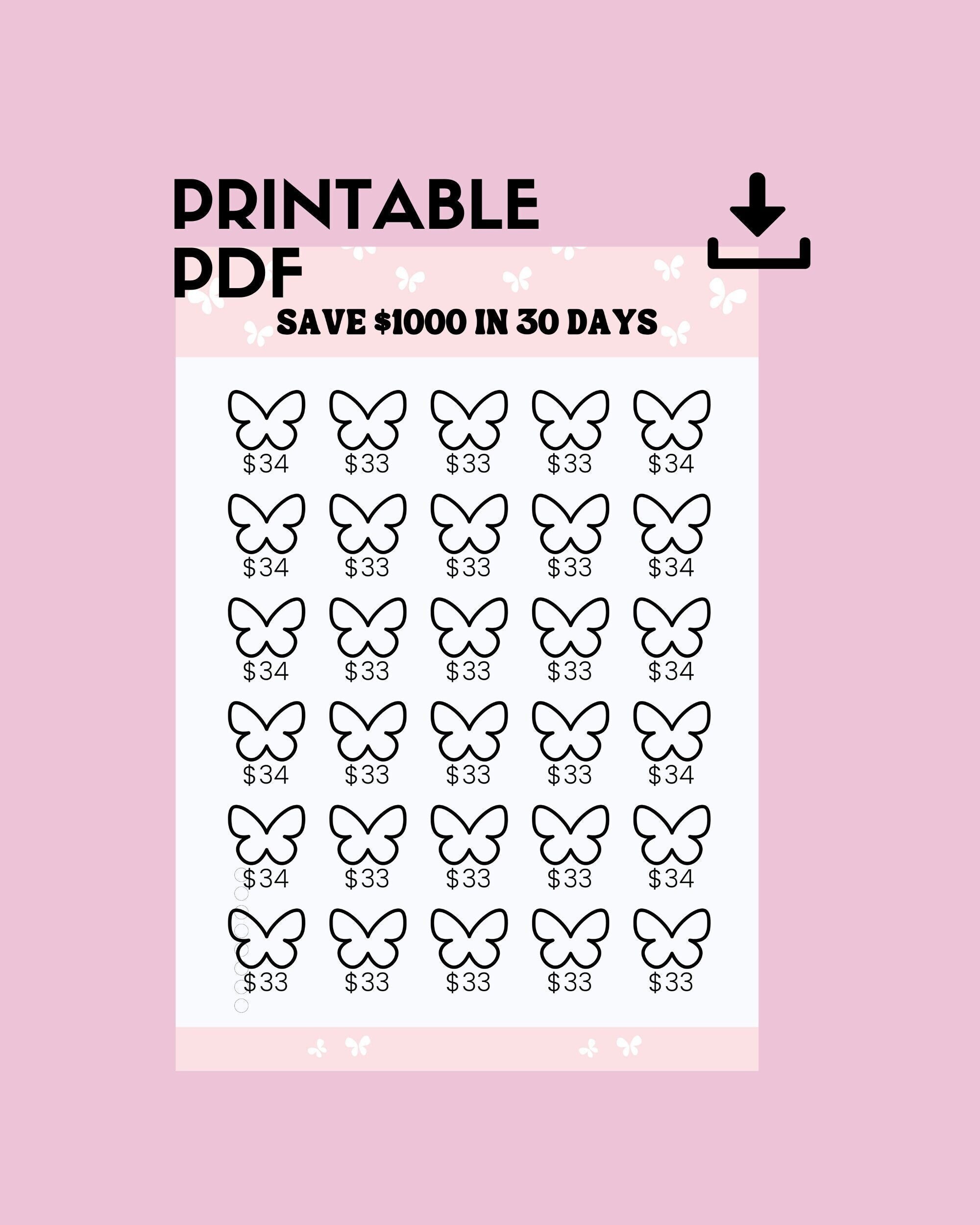 Butterfly, Preppy Pink, Money Saving Challenge Printable, Save 1000 in ...