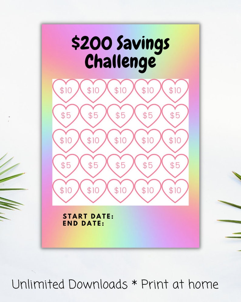Rainbow Heart, 200 Dollars, Colorful Money Saving Challenge Printable ...