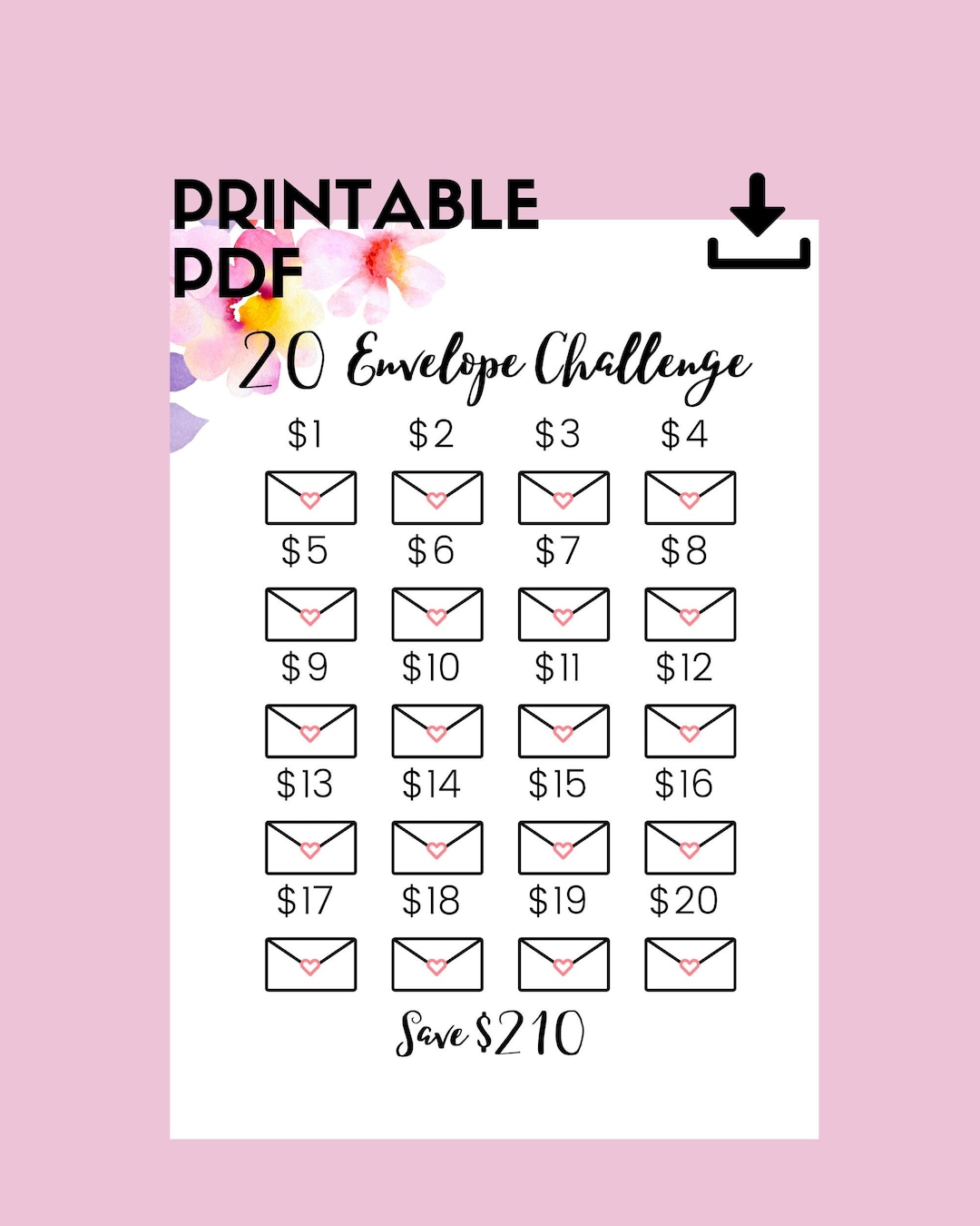 20 Envelope Savings Challenge Printable Tracker | 1 to 20 Dollar ...