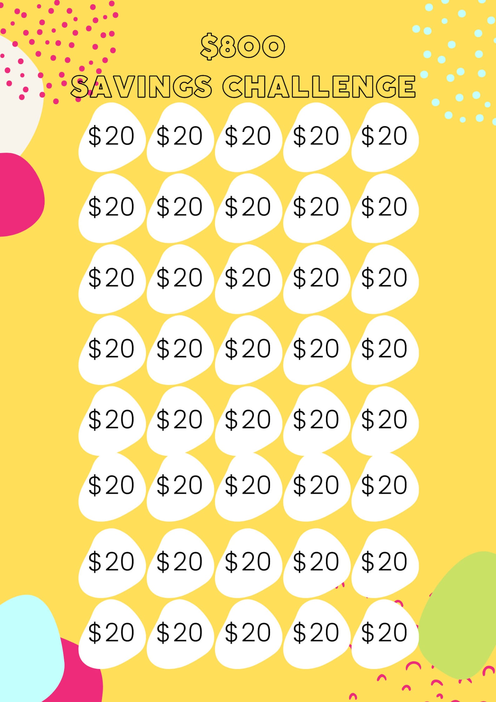 Yellow Money Saving Challenge Printable, Save 800, Savings Challenge ...