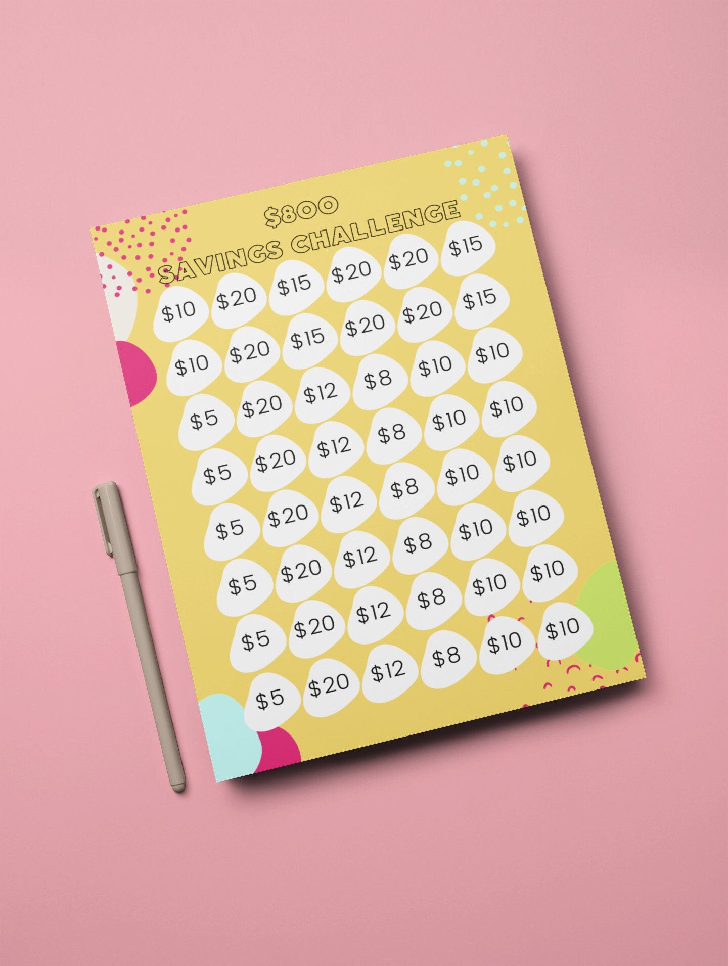 Yellow Money Saving Challenge Printable, Save 800, Savings Challenge ...