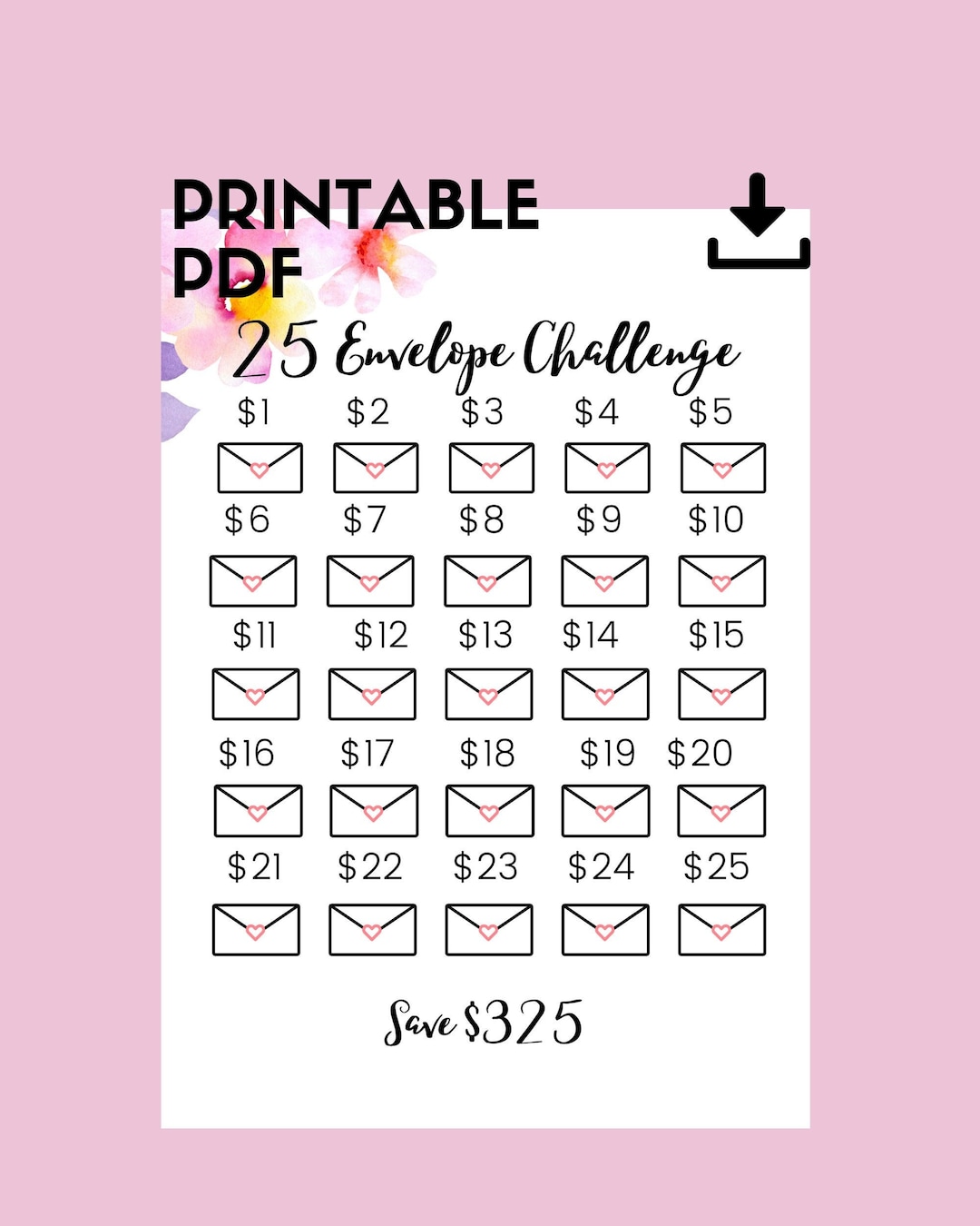25 Envelope Money Saving Challenge Printable | Save 325 Dollars | Cash ...