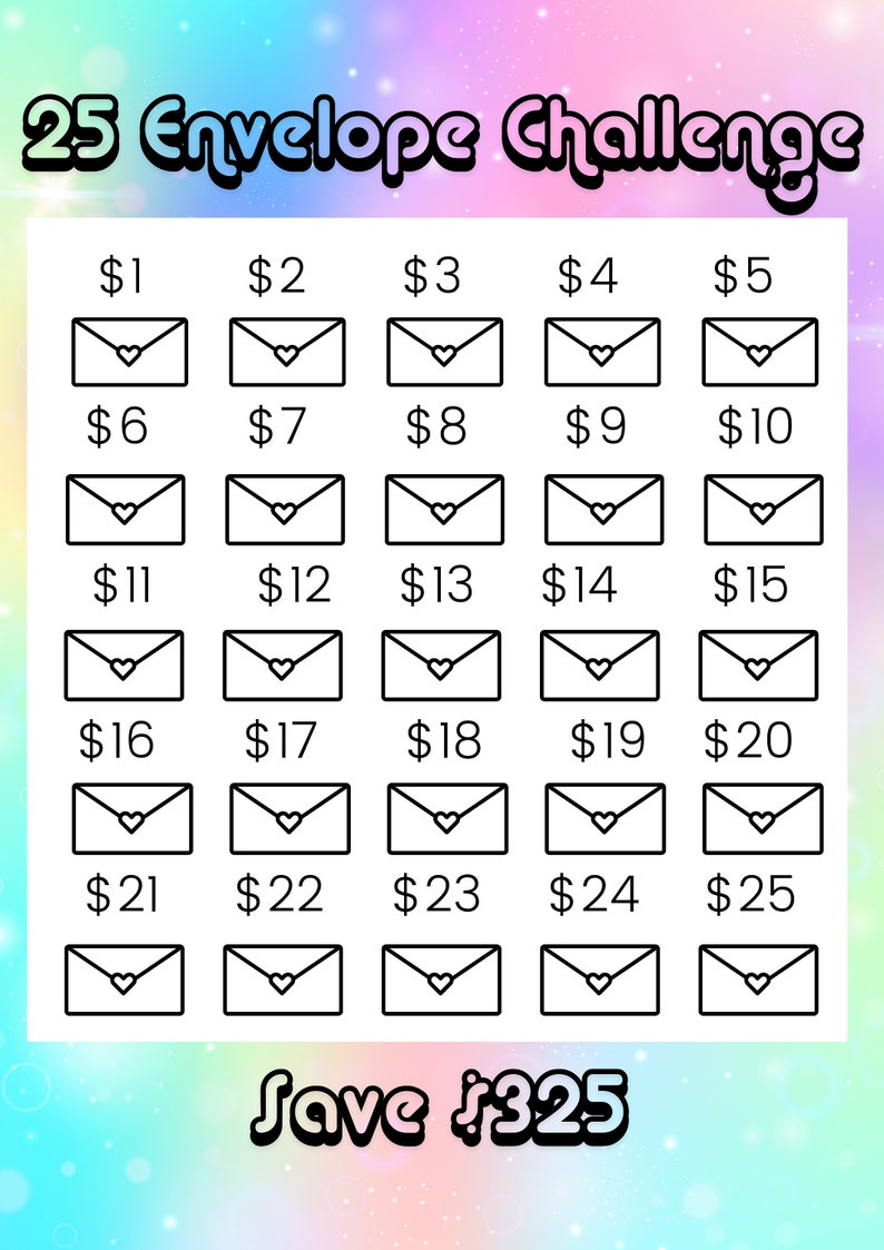 Rainbow 25 Envelope Money Saving Challenge Printable Save | Etsy