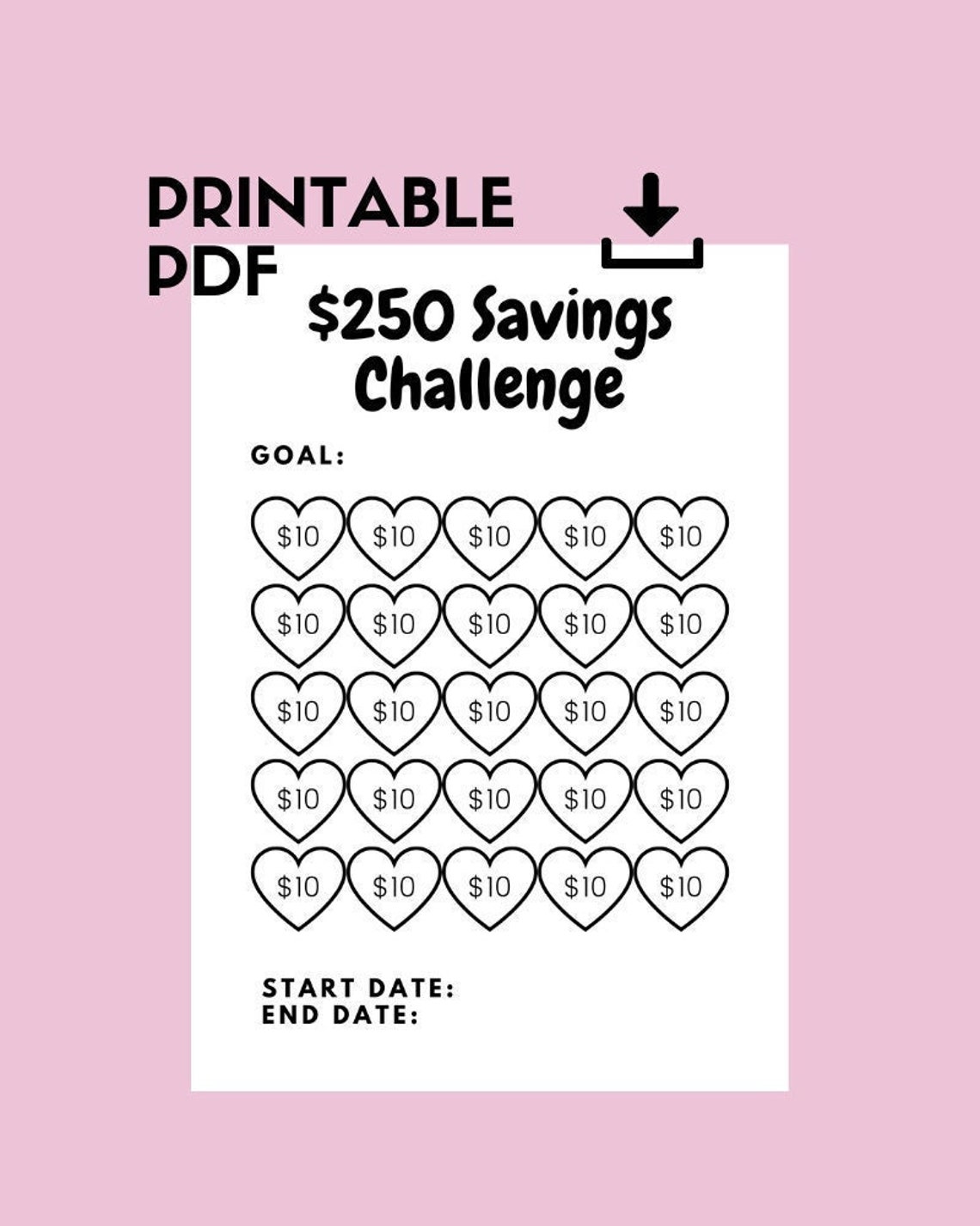 Heart Money Saving Challenge Printable Save 250 Savings - Etsy