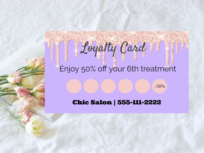 Purple Pink Glitter Editable Customer Loyalty Card Template, Printable ...