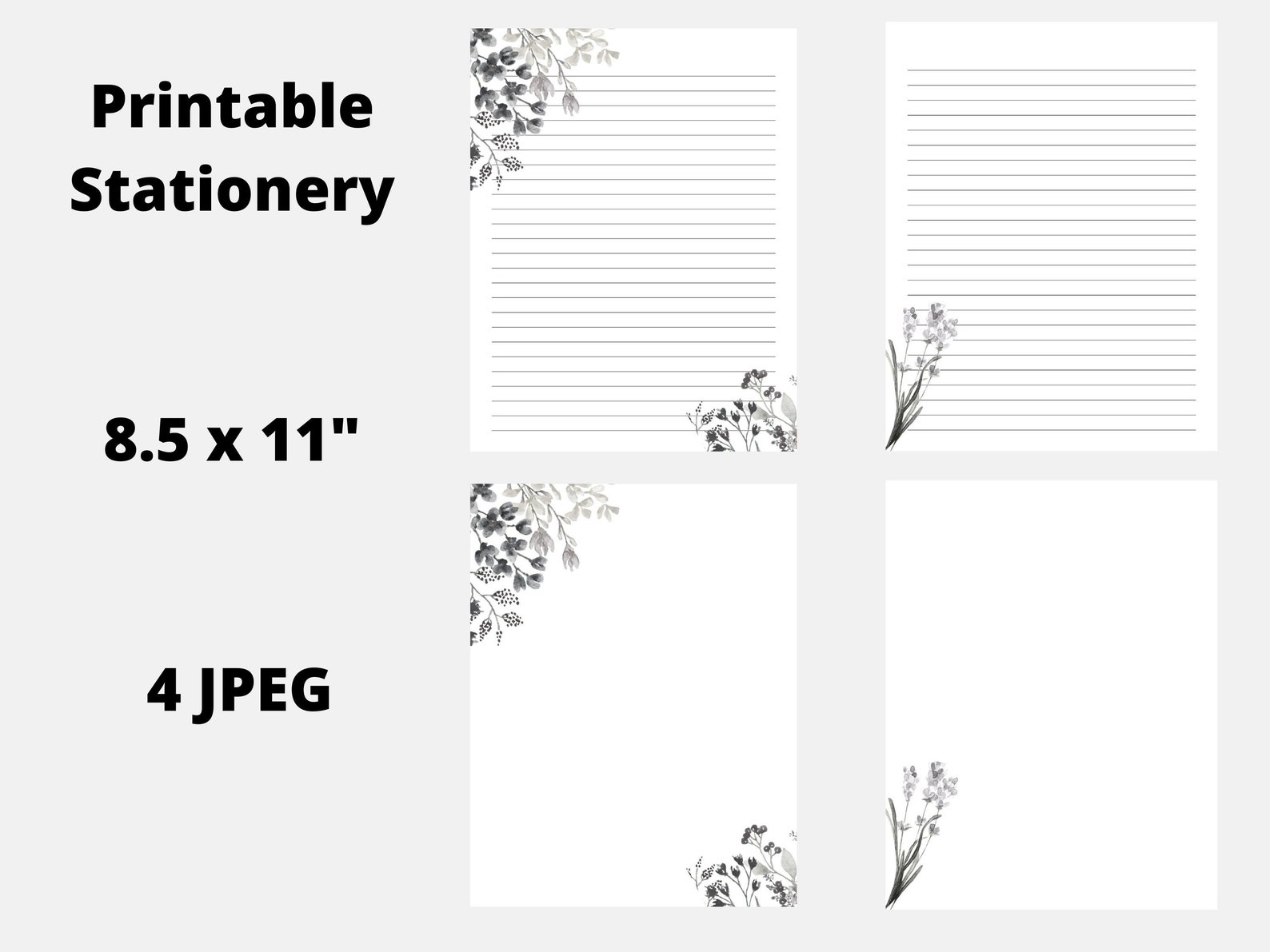 Printable Black & White Floral Stationery, Digital Letter Writing Paper ...