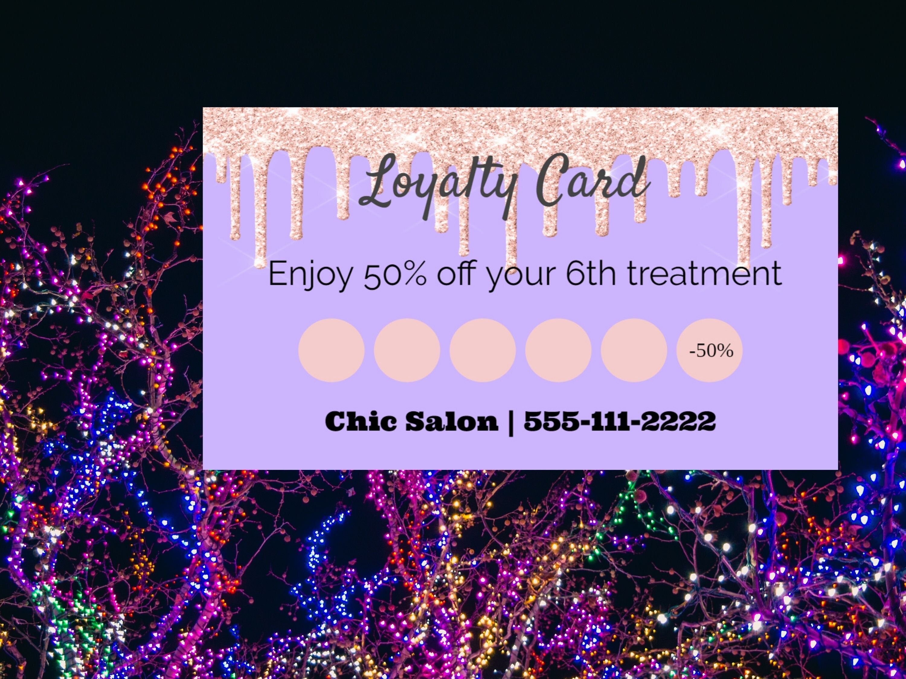 Purple Pink Glitter Editable Customer Loyalty Card Template - Etsy