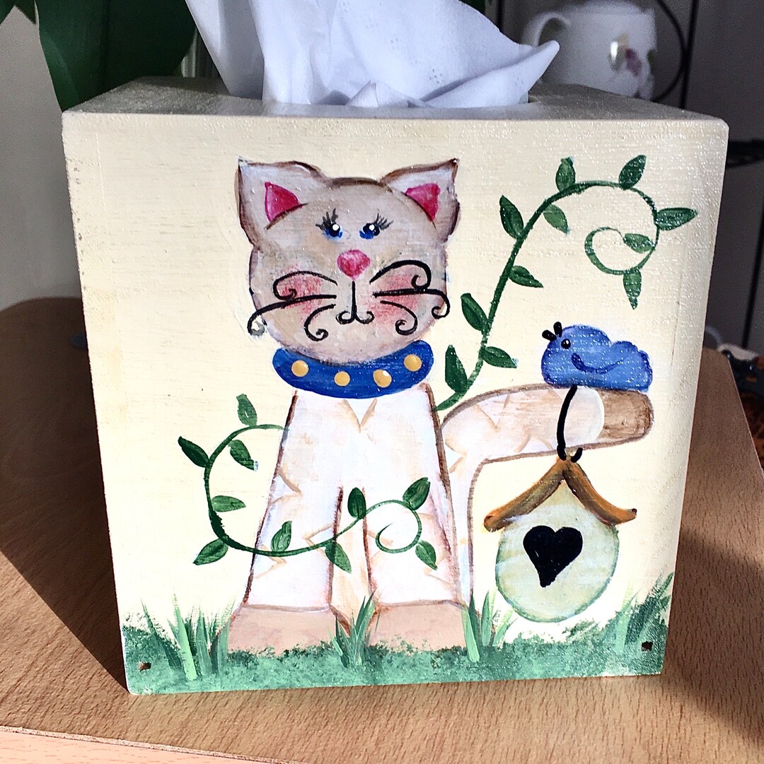 Handpainted Tissue Box Cover With Cat and Bird Decoration - Etsy