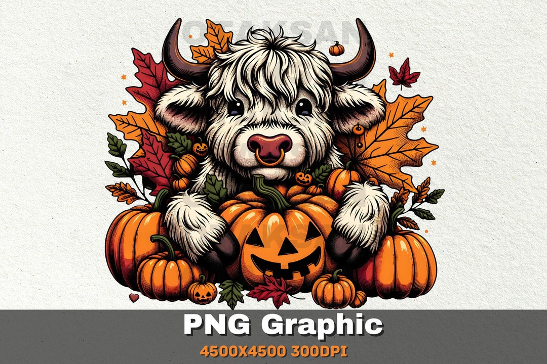 Highland Cow Png , Cute Halloween Highland Cow and Pumpkins Clipart ...