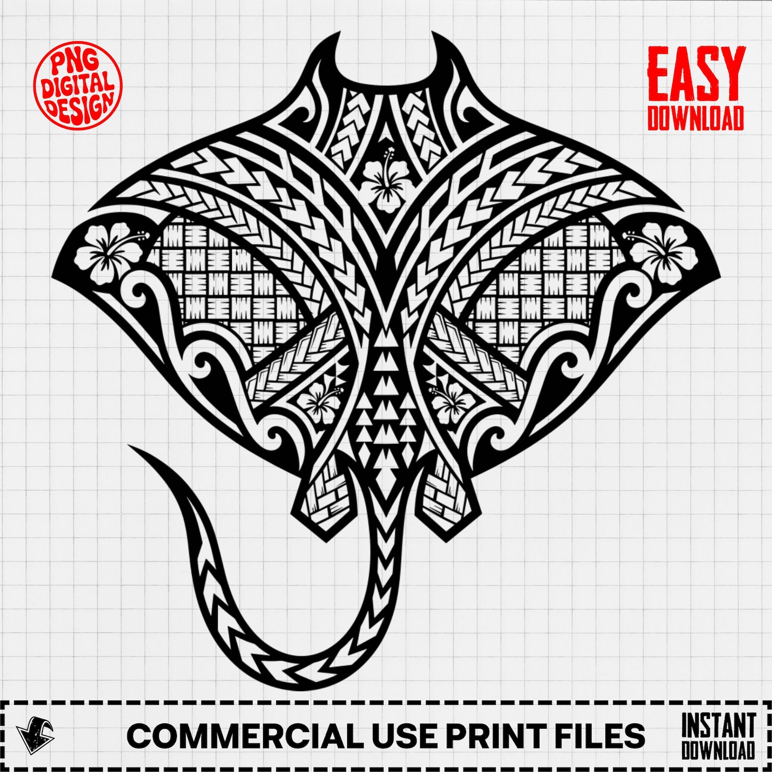 Tribal Ray Digital Art, Stingray Tattoo Design, Hawaiian Flower Decor ...