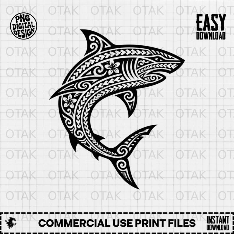 Shark Tribal Tattoo Design Digital, Maori Shark Art, Polynesian Animal ...