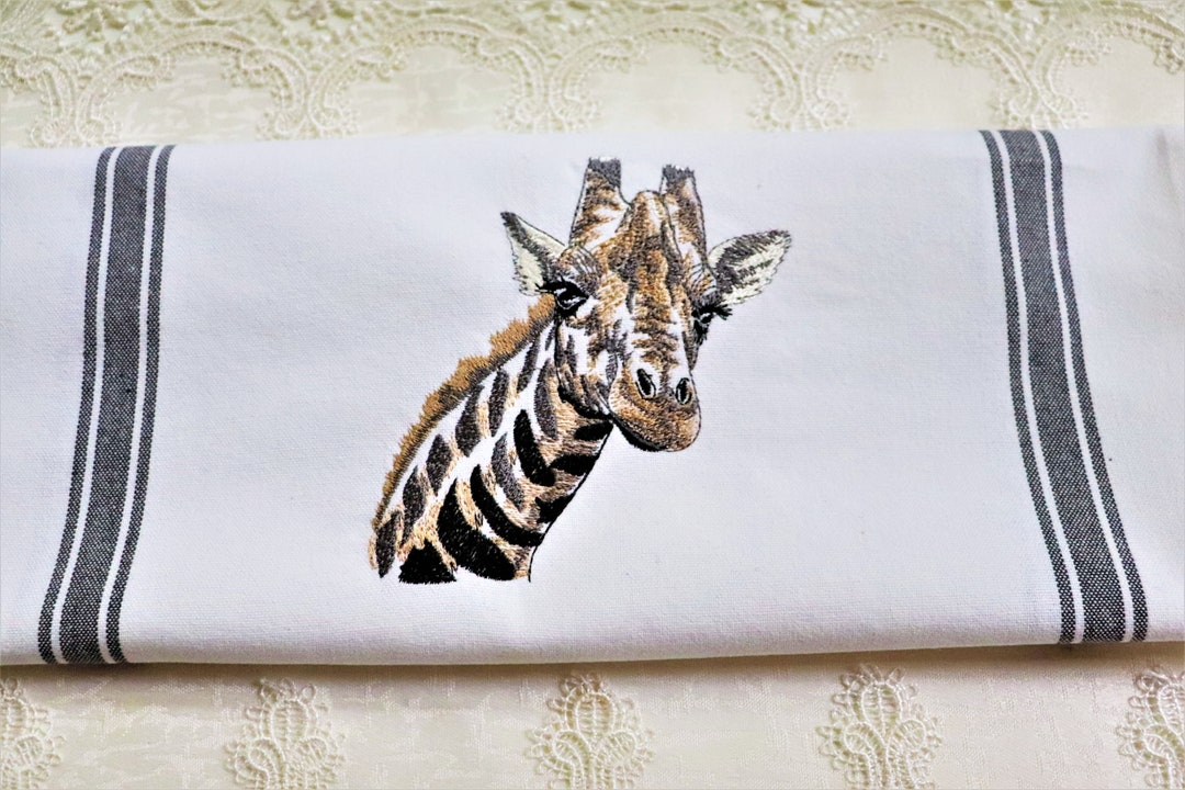 Giraffe Head and Neck Shot Embroidery on Cotton Hand Tea Towel - Please ...