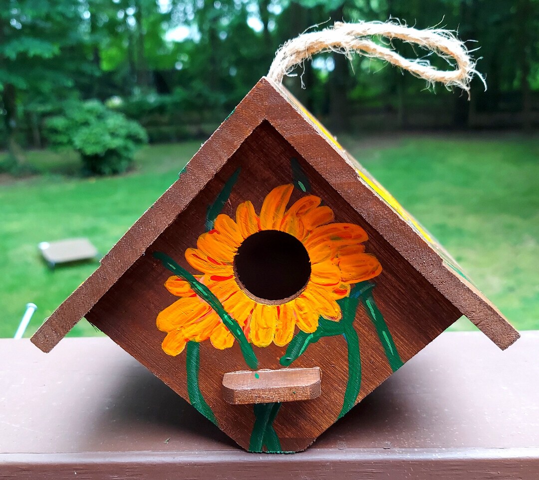 Wooden Birdhouse - Orange Zinnia Flowers Painted in Acrylic on Sturdy ...